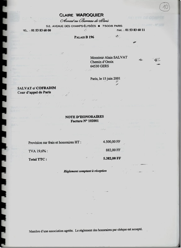 RAPPORT DE MAÎTRE Marc BARONI: 43) Facture n°102001 du 15 Juin 2001 de ...